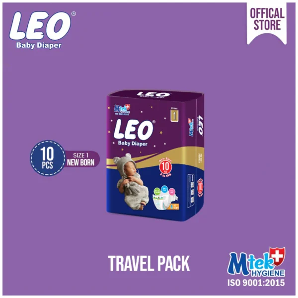 Leo Travel Pack Baby Diaper – Size 1 NB, 10pcs – Mtek Hygiene